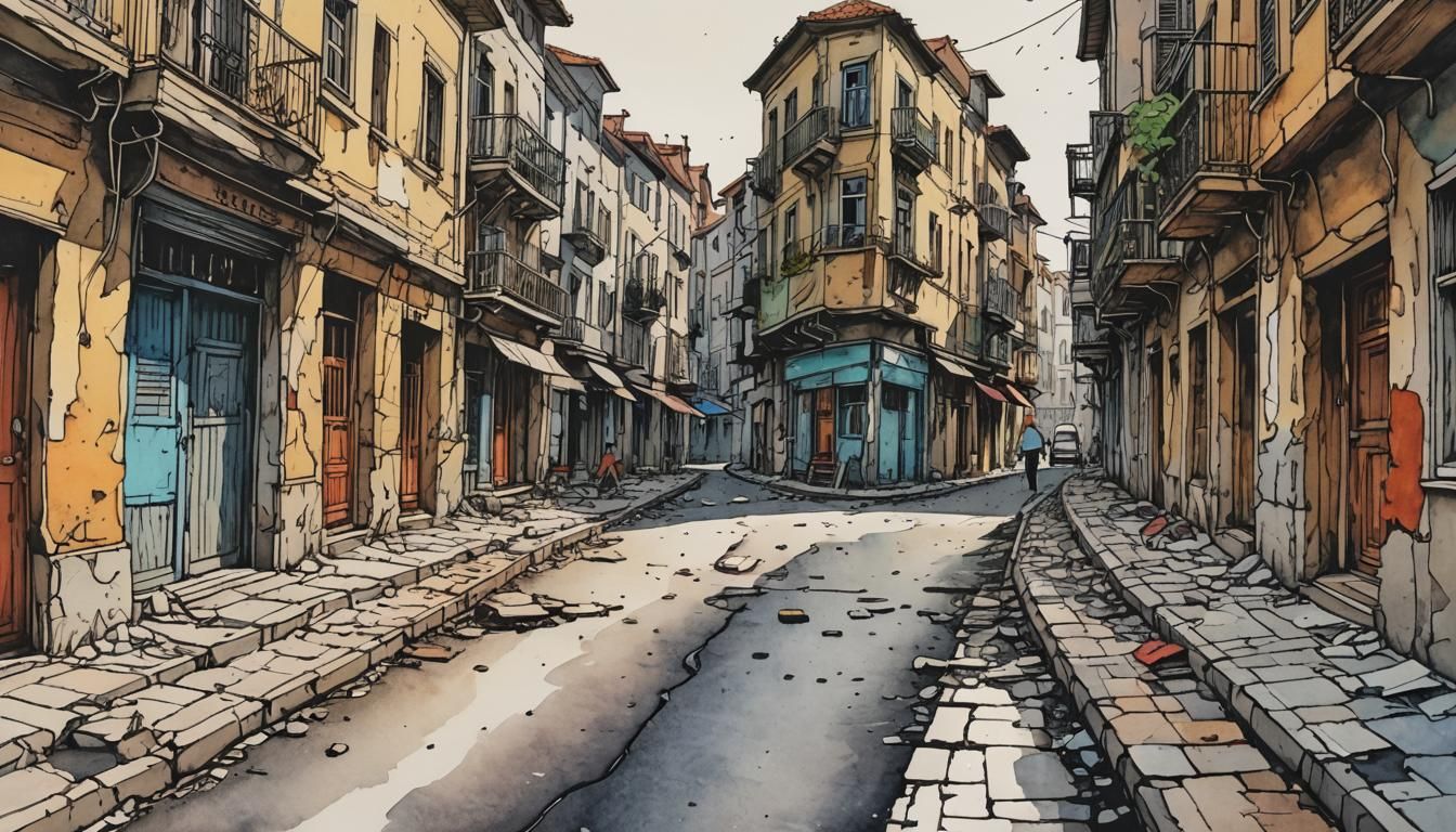 (Broken streets where shadows weep:1.5) colored drawing ink sketch by ...