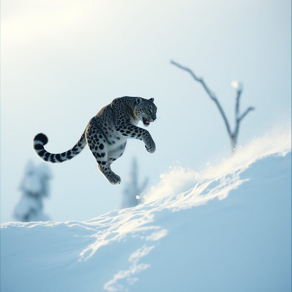 Snow Leopard Leaps Through the Cinematic Mountains... - AI Art