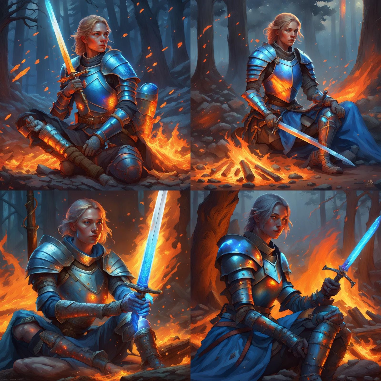 Female knight sits at a camp fire polishing her iridescent blue sword ...