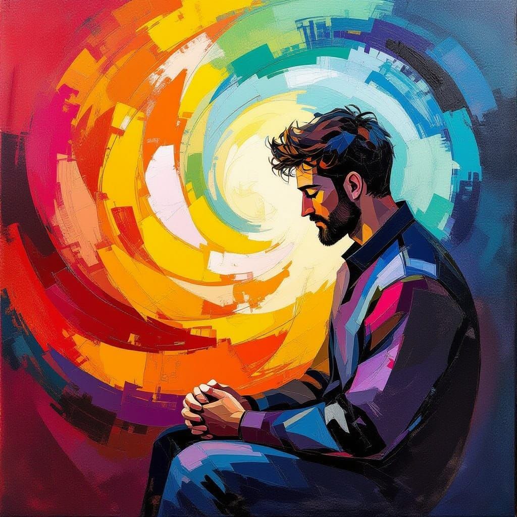 Abstract Art: Man in Prayer with Swirling Patterns - AI Art