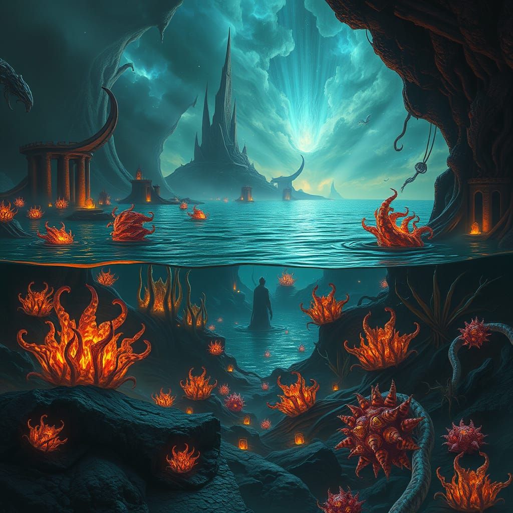 Sentient Primordial Ocean with Glowing Flora and F... - AI Art