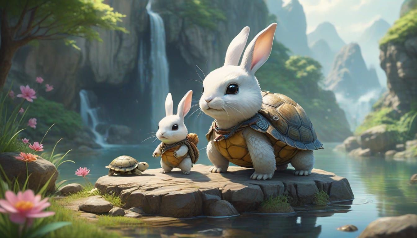 cute chibi rabbit turtle hybrids set out on an adventure in a wuxia setting