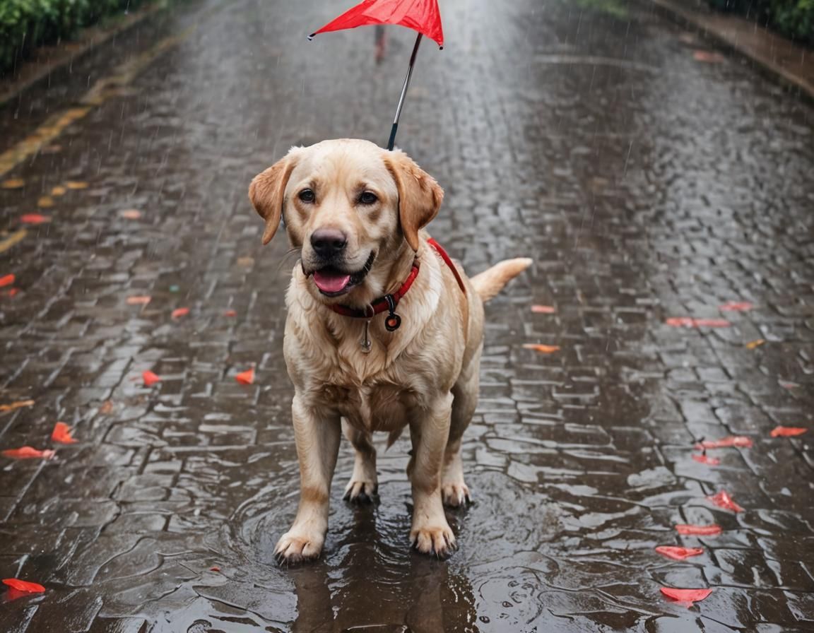 Wet dog in rain. Loyal labrador retriever holding red umbrella in mouth ...