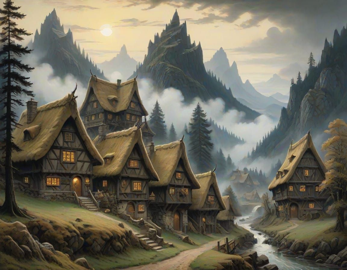 Village Life in Ancient Germanic Mountains - Oil P... - AI Art