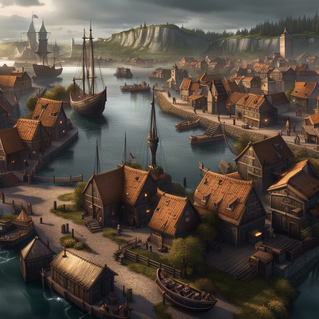 Epic fantasy, viking town, port city 8k, panoramic, ships - AI ...