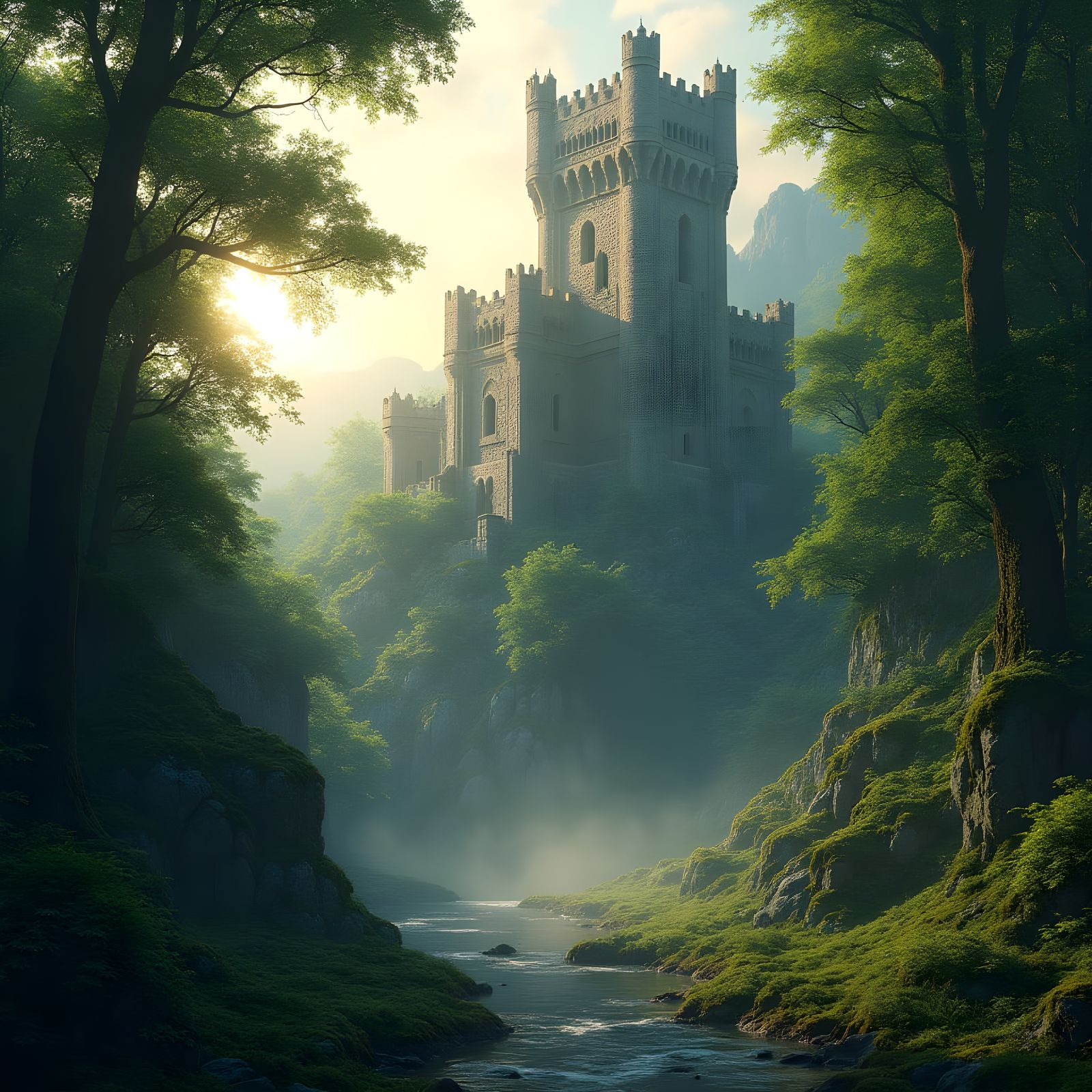 Ethereal Castle Amidst Ancient Forest in a Romanti... - AI Art