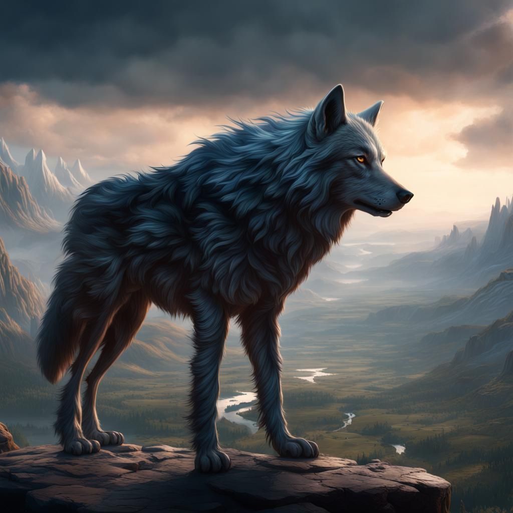 Alpha wolf looking over valley. - Alpha Wolf Over Valley: De...