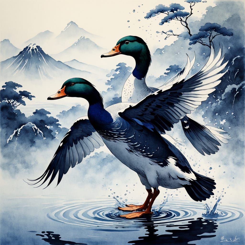 Majestic Duck in Flight, Traditional Japanese Sumi... - AI Art