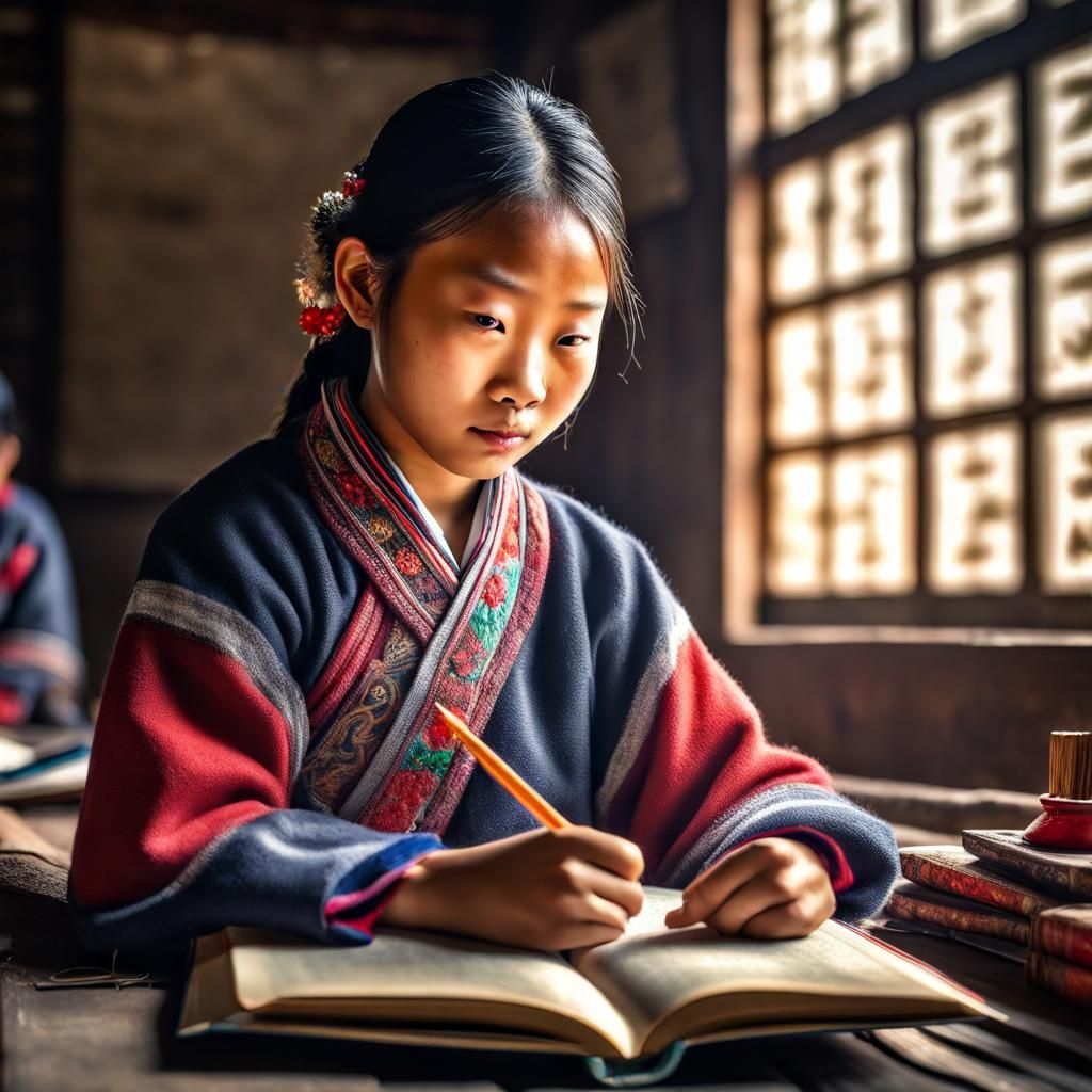 Portrait of a village girl in China reading book, devoted herself in ...