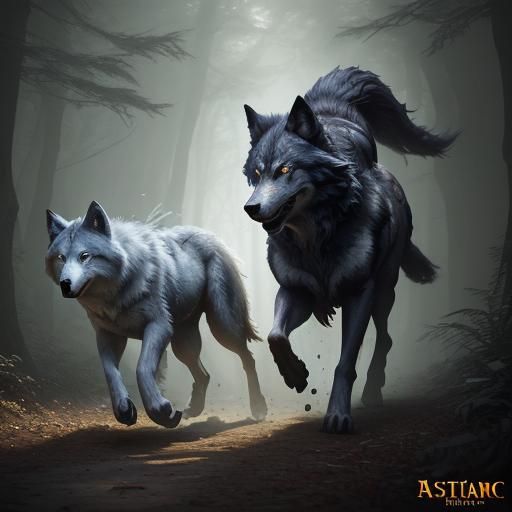 Two wolves running through the forest - AI Generated Artwork ...