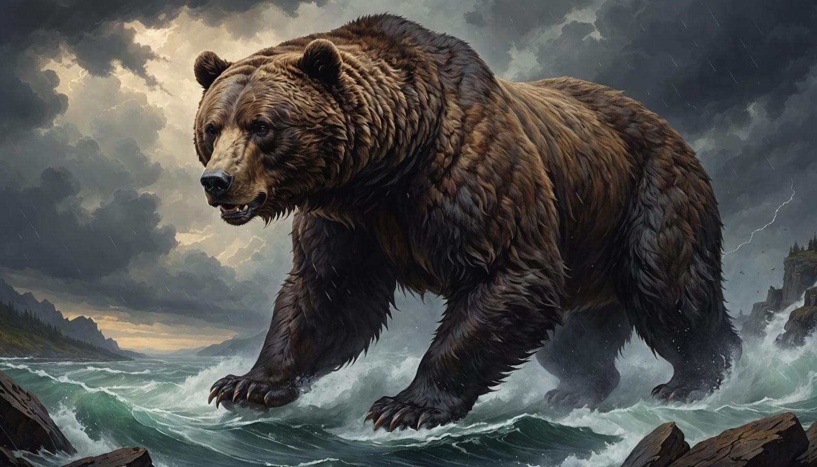 A majestic bear. - Majestic Bear in Storm as Oil Painting