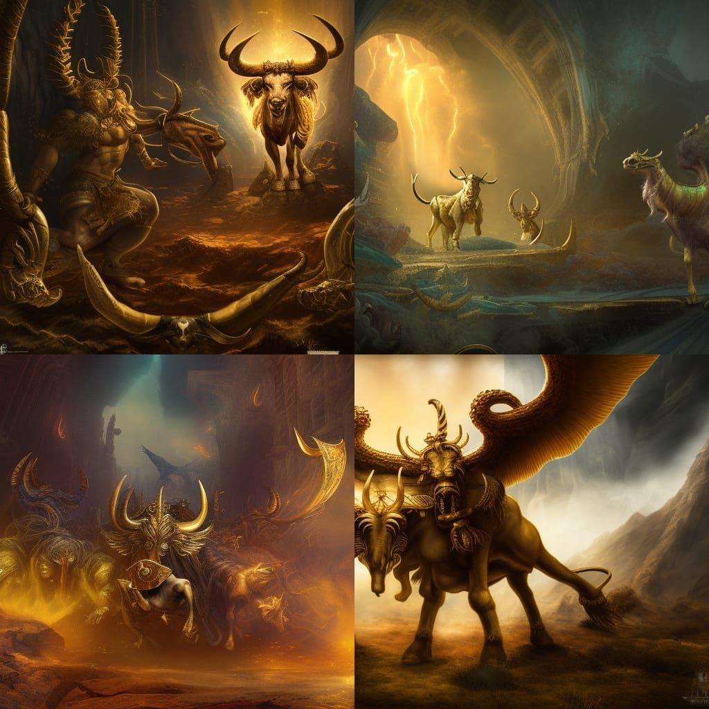 Mythological Taurus protection a huge amount of gold fighting against a ...