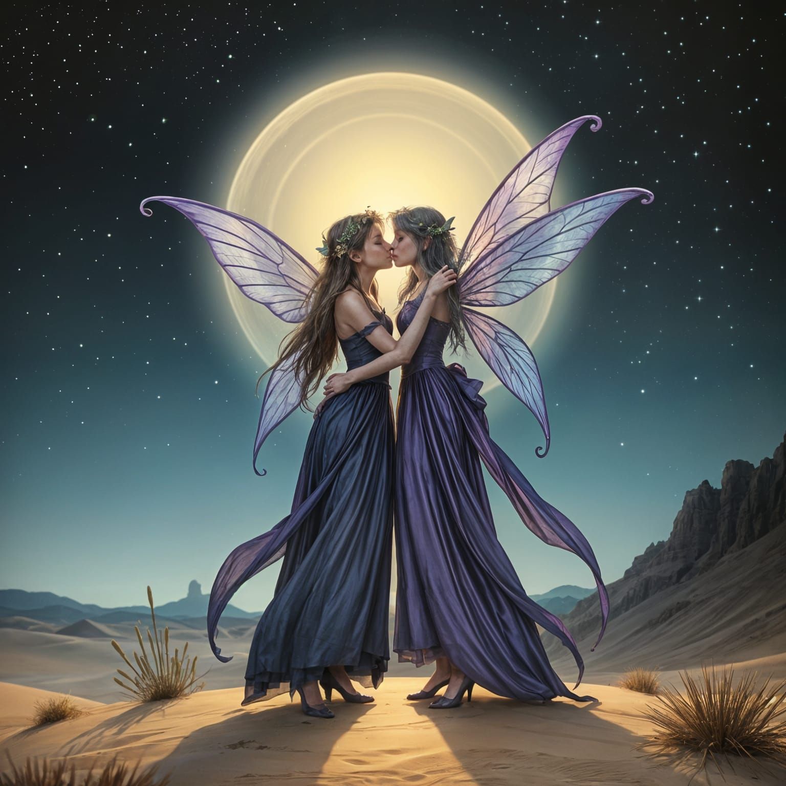 Celestial Fairies Kiss Beneath a Desert Night Sky - AI Art