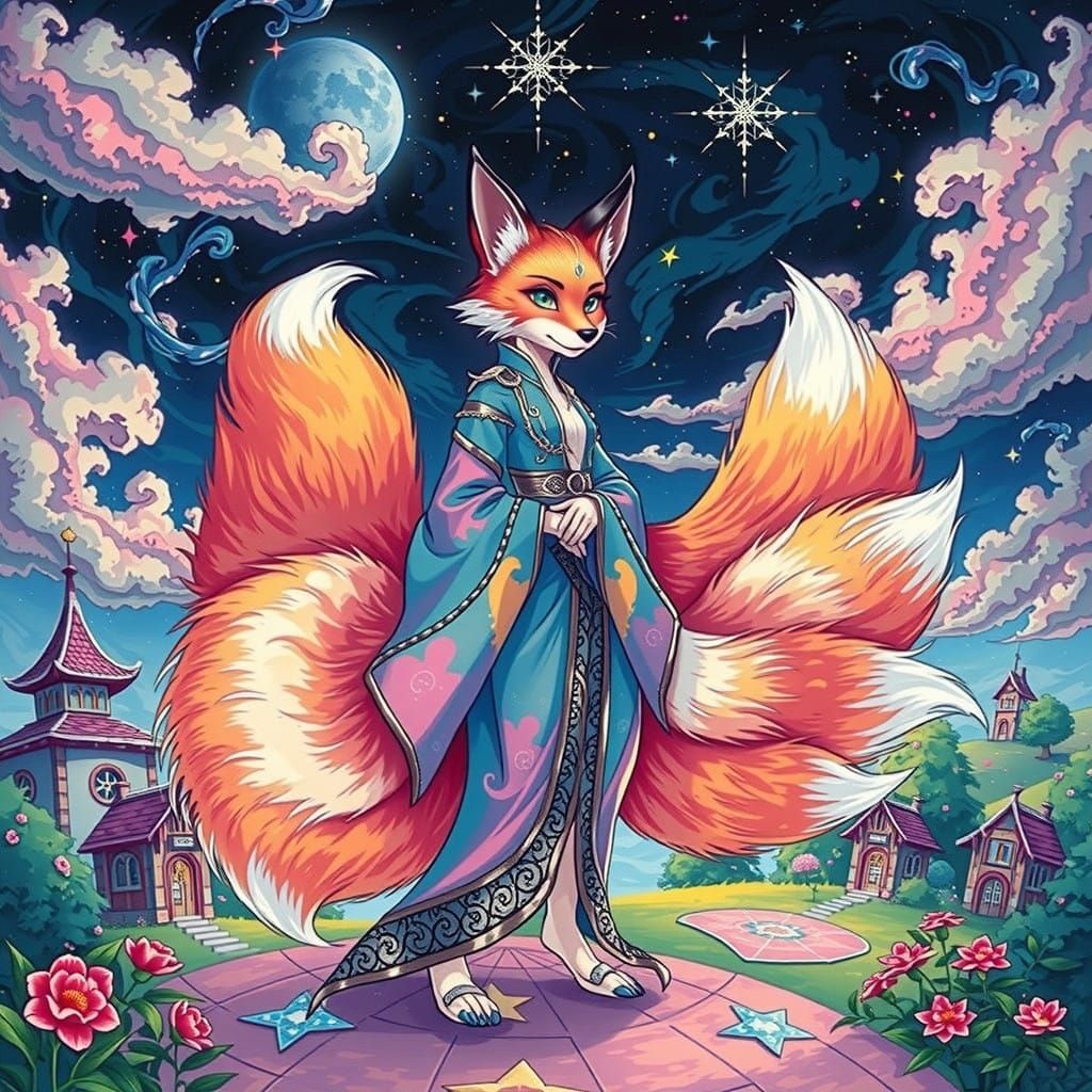 Fox woman, nine tale, night sky - Majestic Fox Woman in Star...