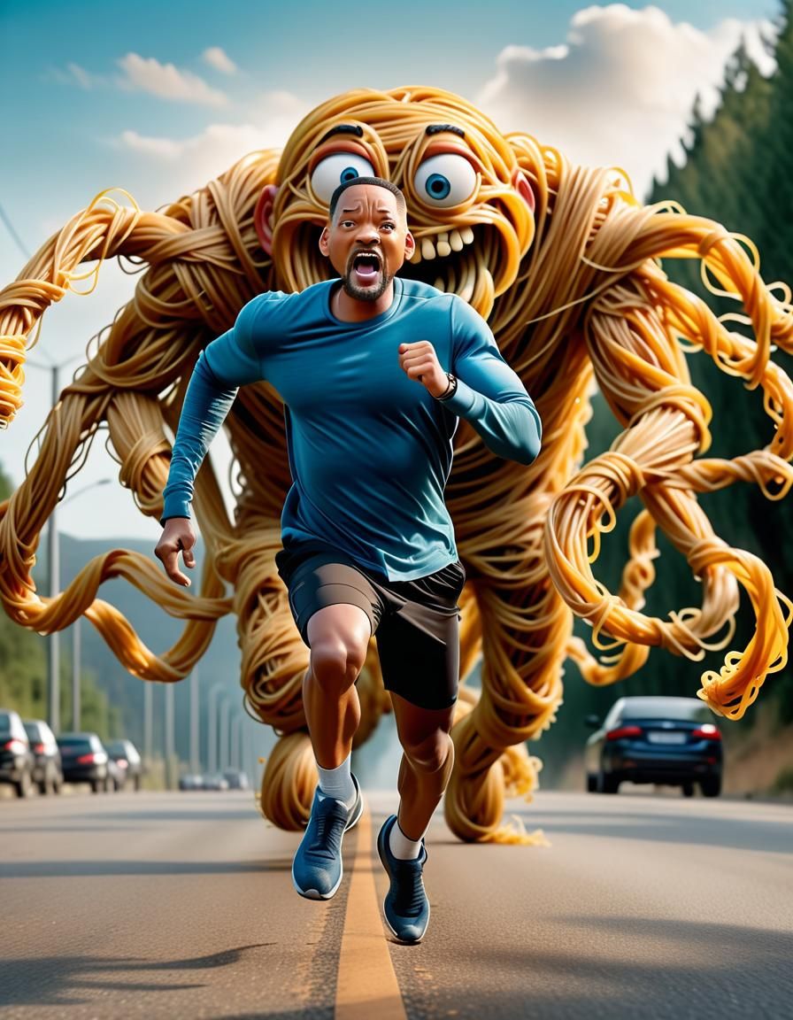 Will Smith running from a giant spaghetti monster - AI Generated ...