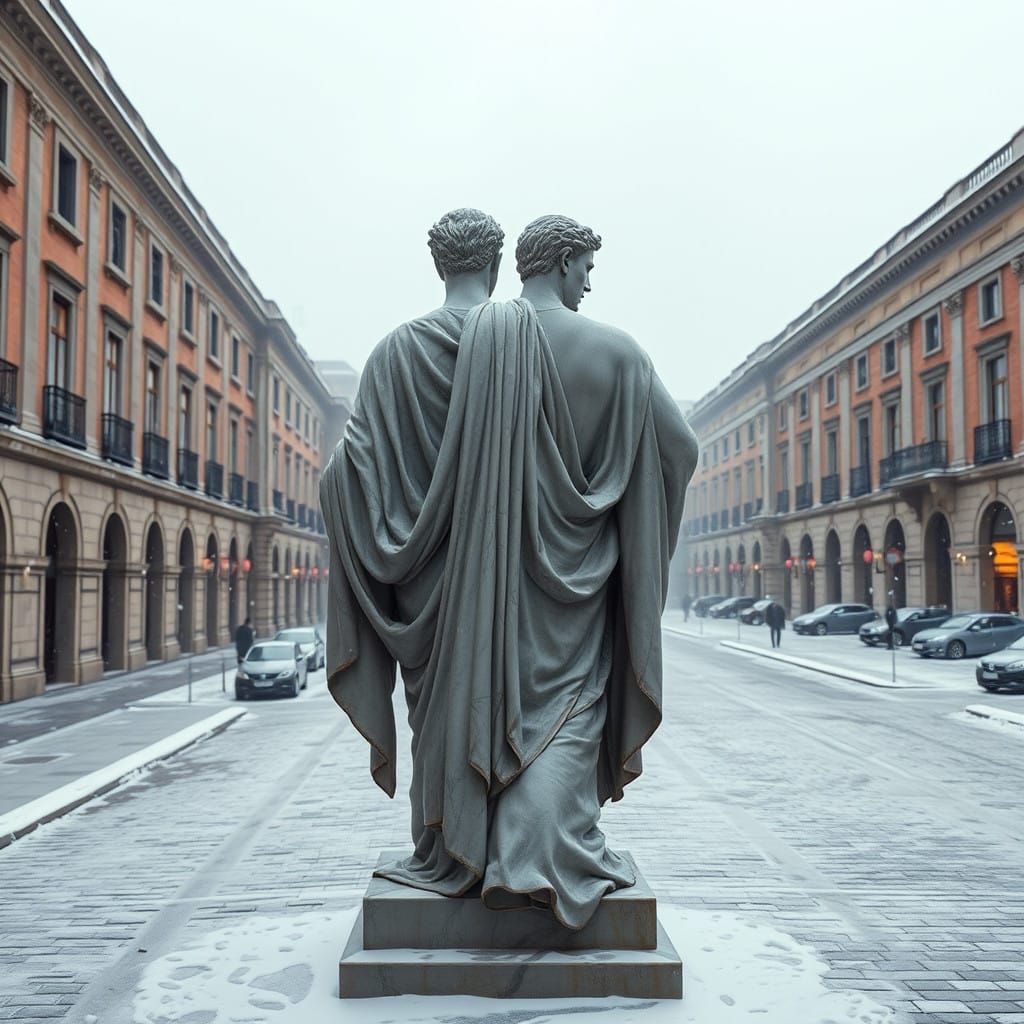 Janus Statue in Serene Roman Square with Snowy Amb... - AI Art