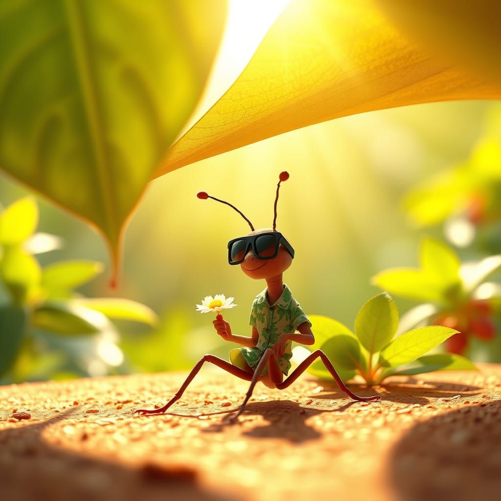 A cool tiny ant relaxing and chilling under a leaf during a summer day"