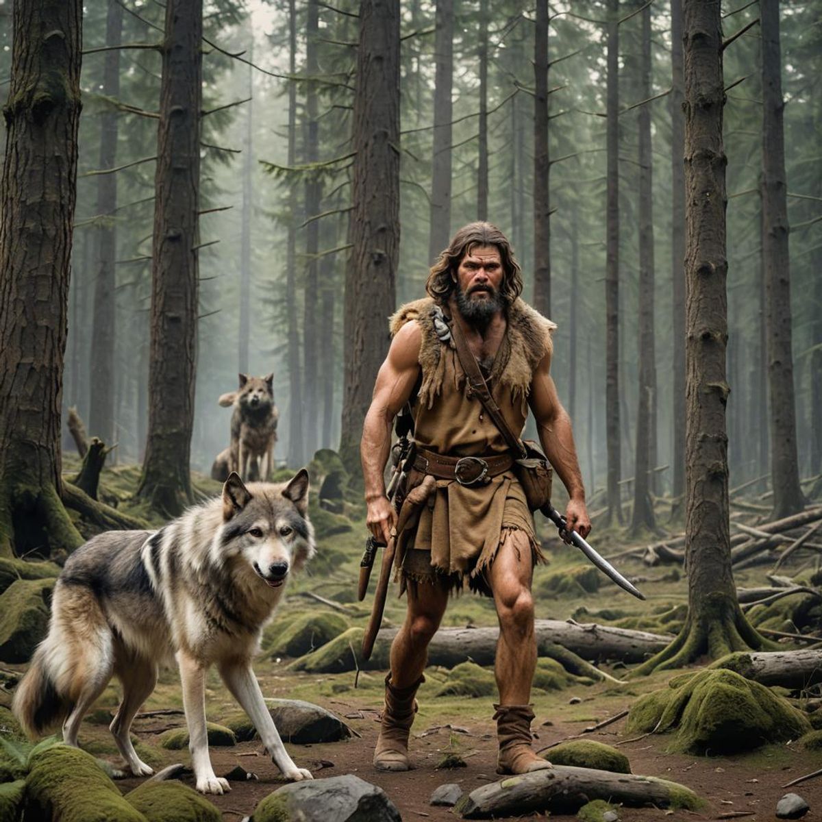 European caveman hunting in the forest with wolfdog. - AI Generated ...