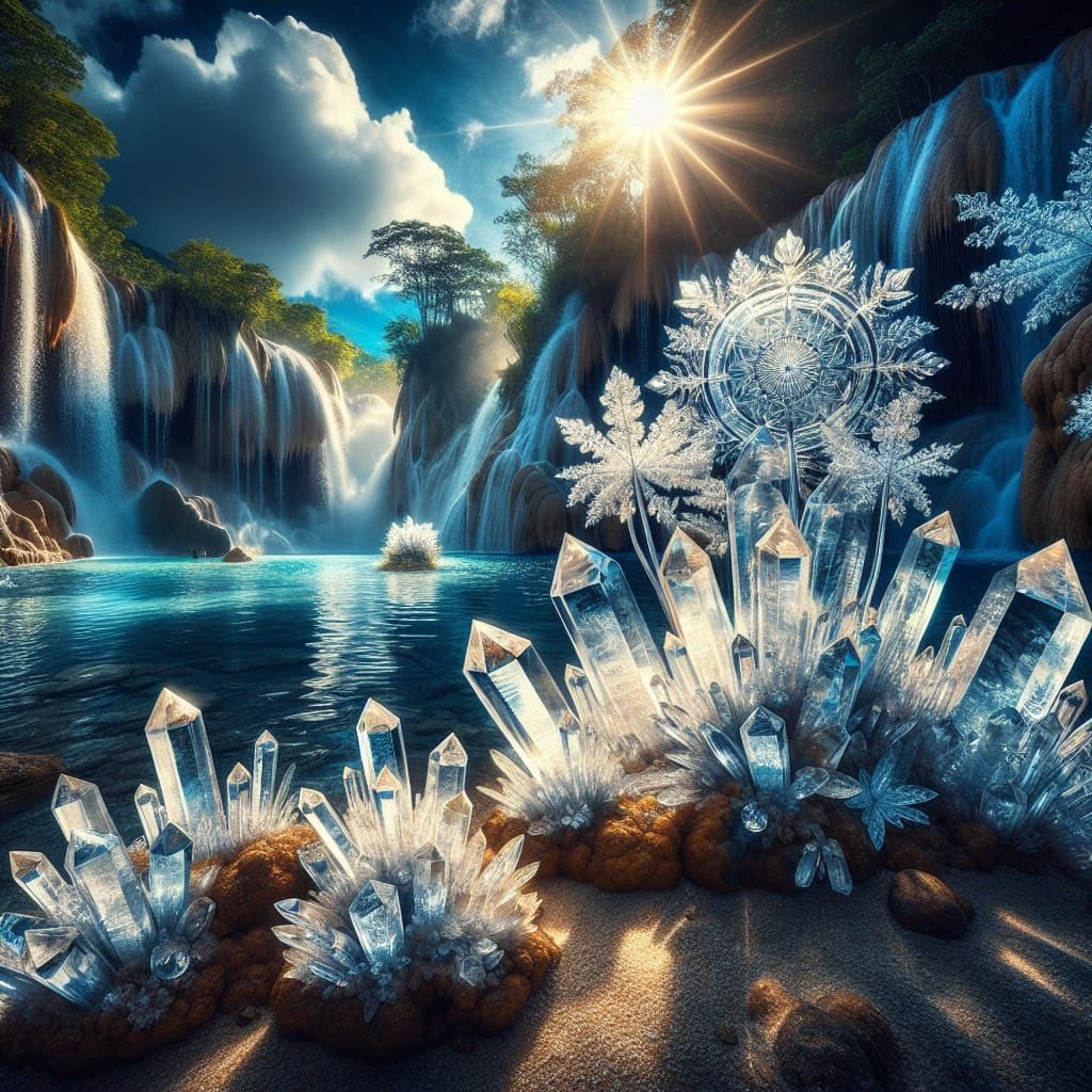 Clear Quartz Crystal clusters grow around a waterfall on a Caribbean ...