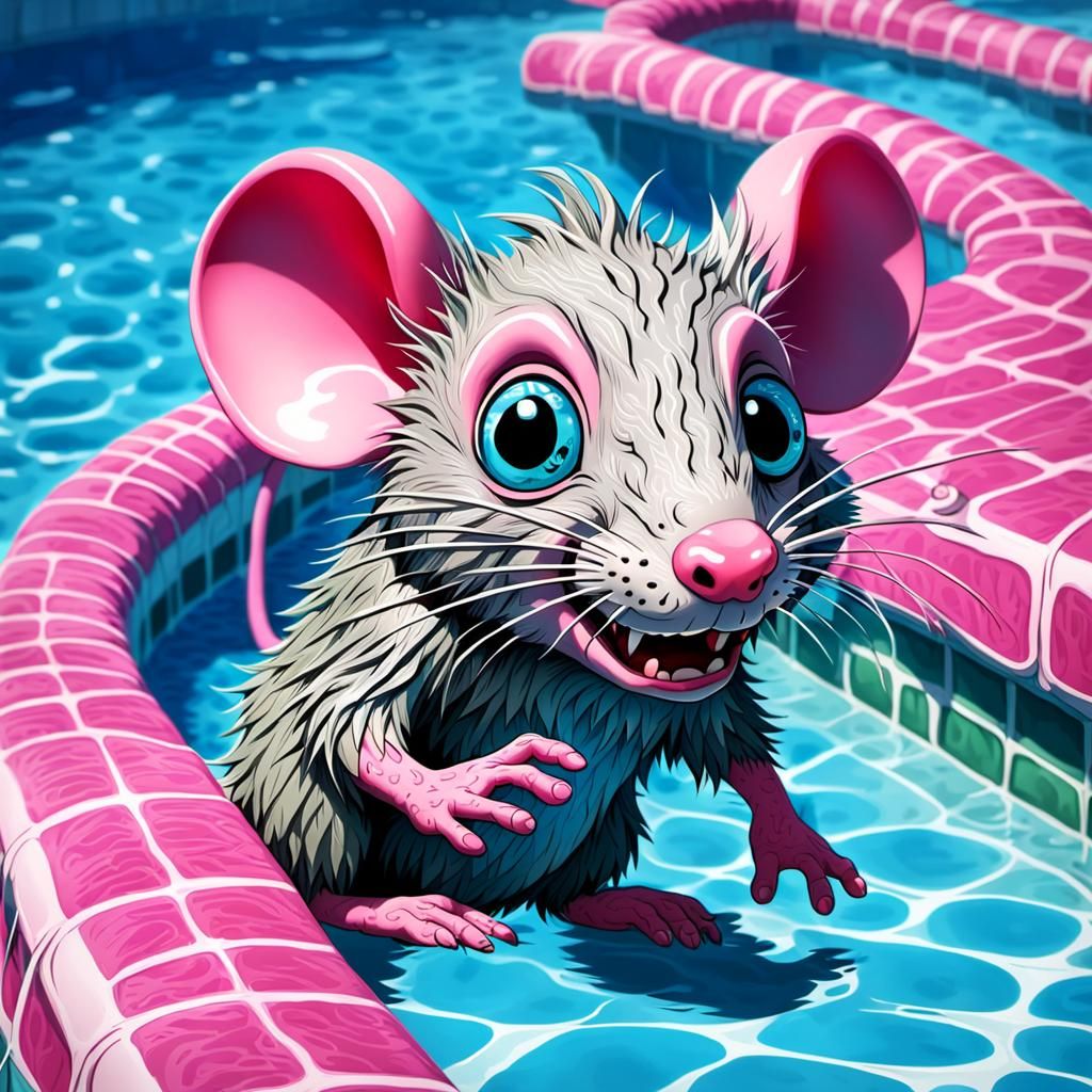 Ratfink rat is swimming in an above ground pool. Zoom out. (sharp teeth ...