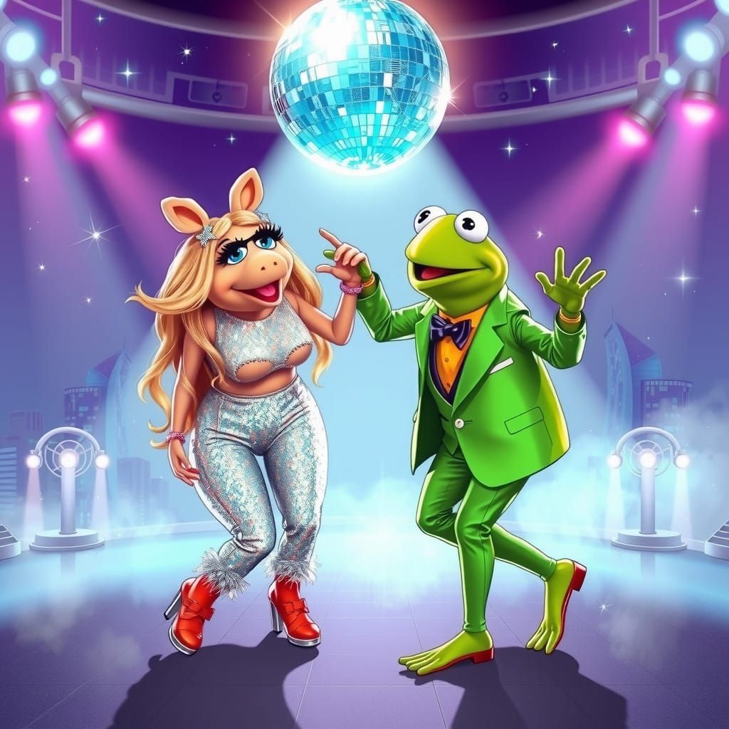 Miss Piggy and Kermit in Vibrant Disco Dance - AI Art