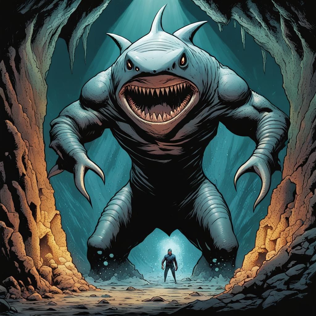 Sharkman monster standing inside a terrible cave - AI Generated Artwork ...