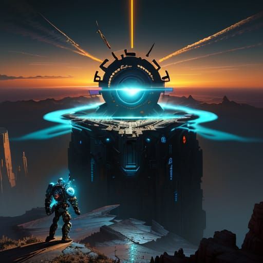 Colossal Fortress Meets Serene Sunset in Cyberpunk... - AI Art