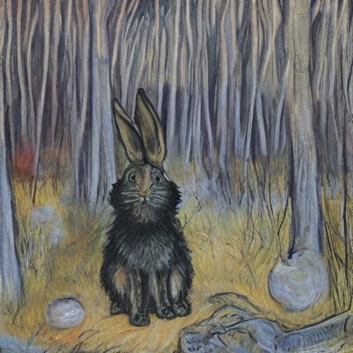 Fearful Rabbit in Dark, Moonlit Forest - AI Art