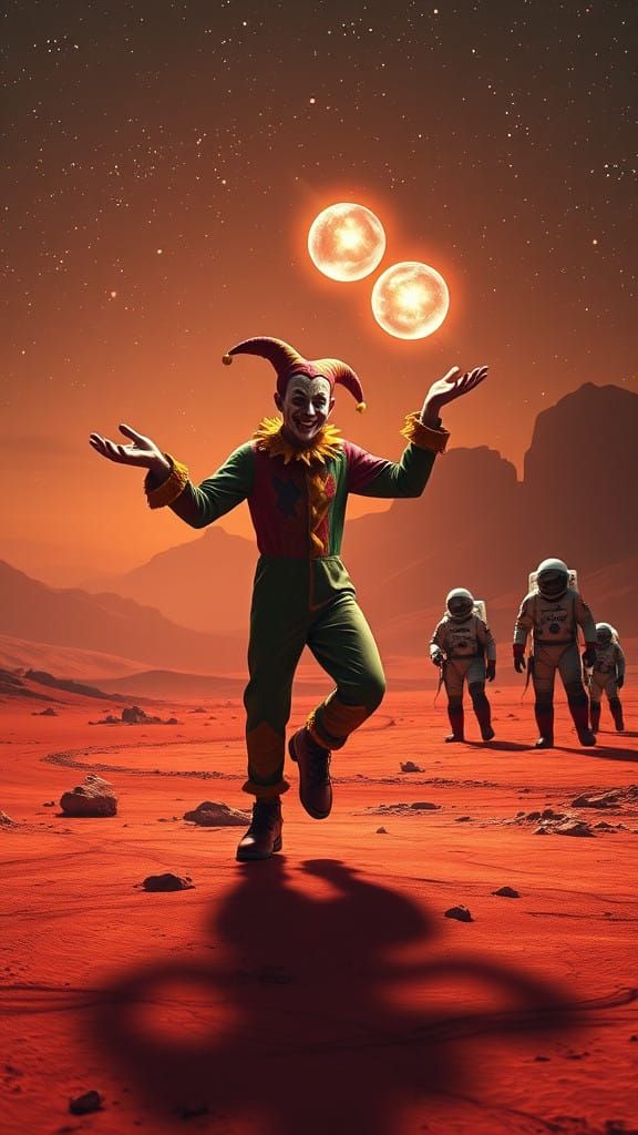 Imagine a jester dancing joyfully on the Martian surface, juggling ...