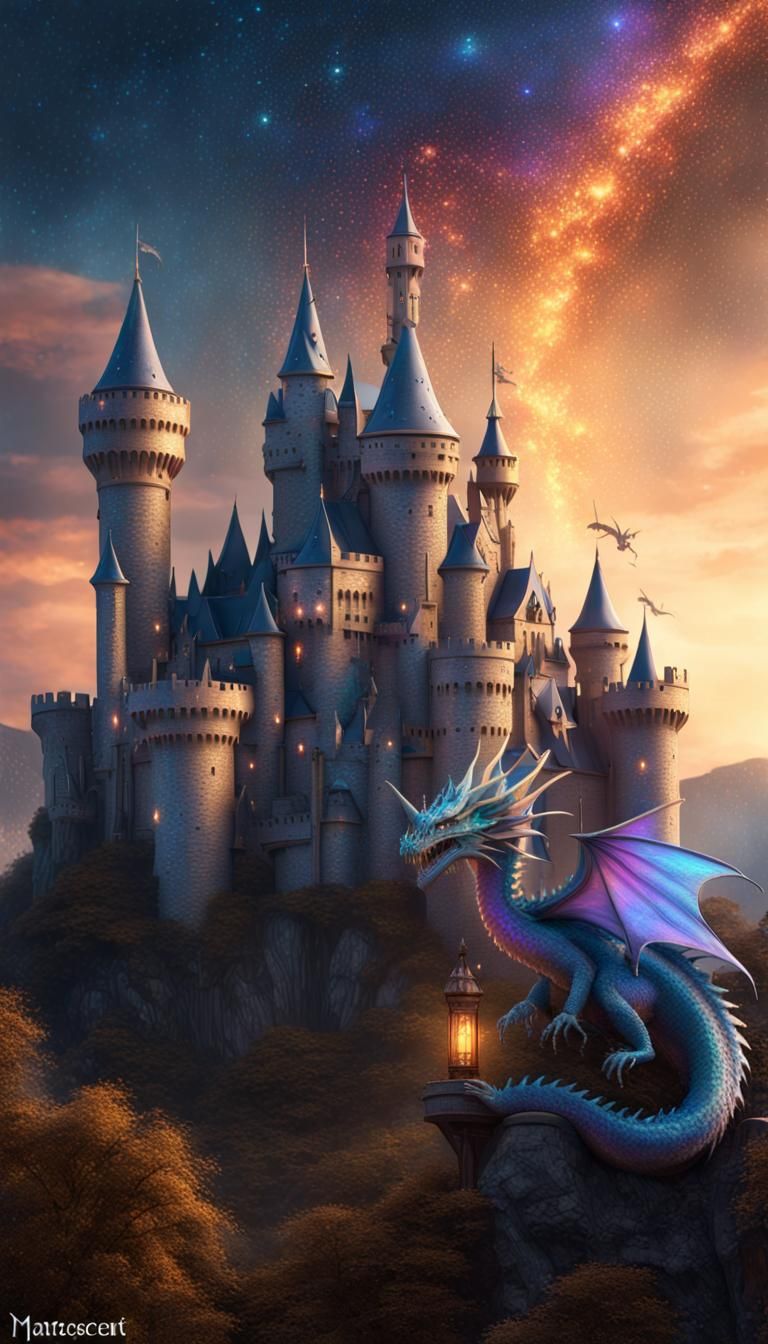 Castle, dragon, fairy, magical, starry night, magical, mid evil ...