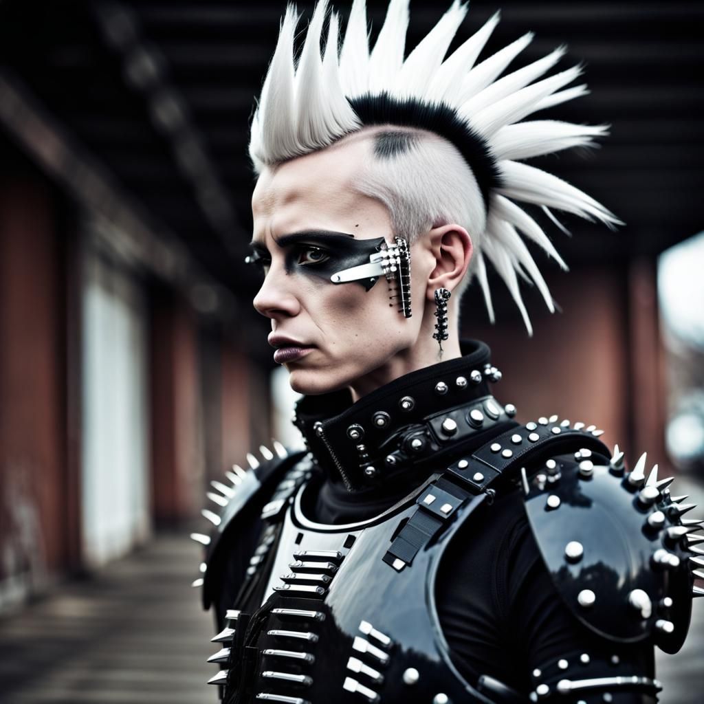 Portrait of a Goth Punk heroin addict with white mohawk wearing black ...