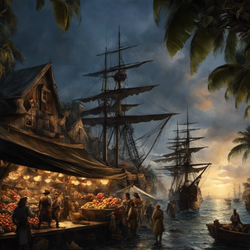 Fruit market on the pirate harbor - AI Generated Artwork - NightCafe Creator
