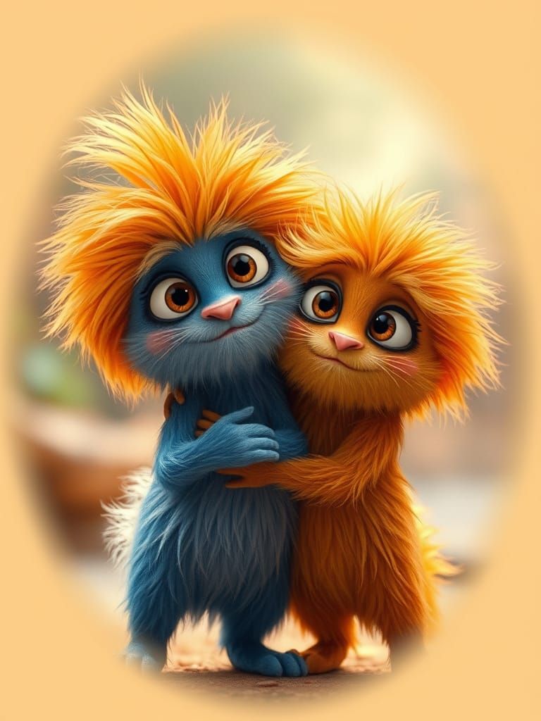 a couple of orange and blue monsters hugging