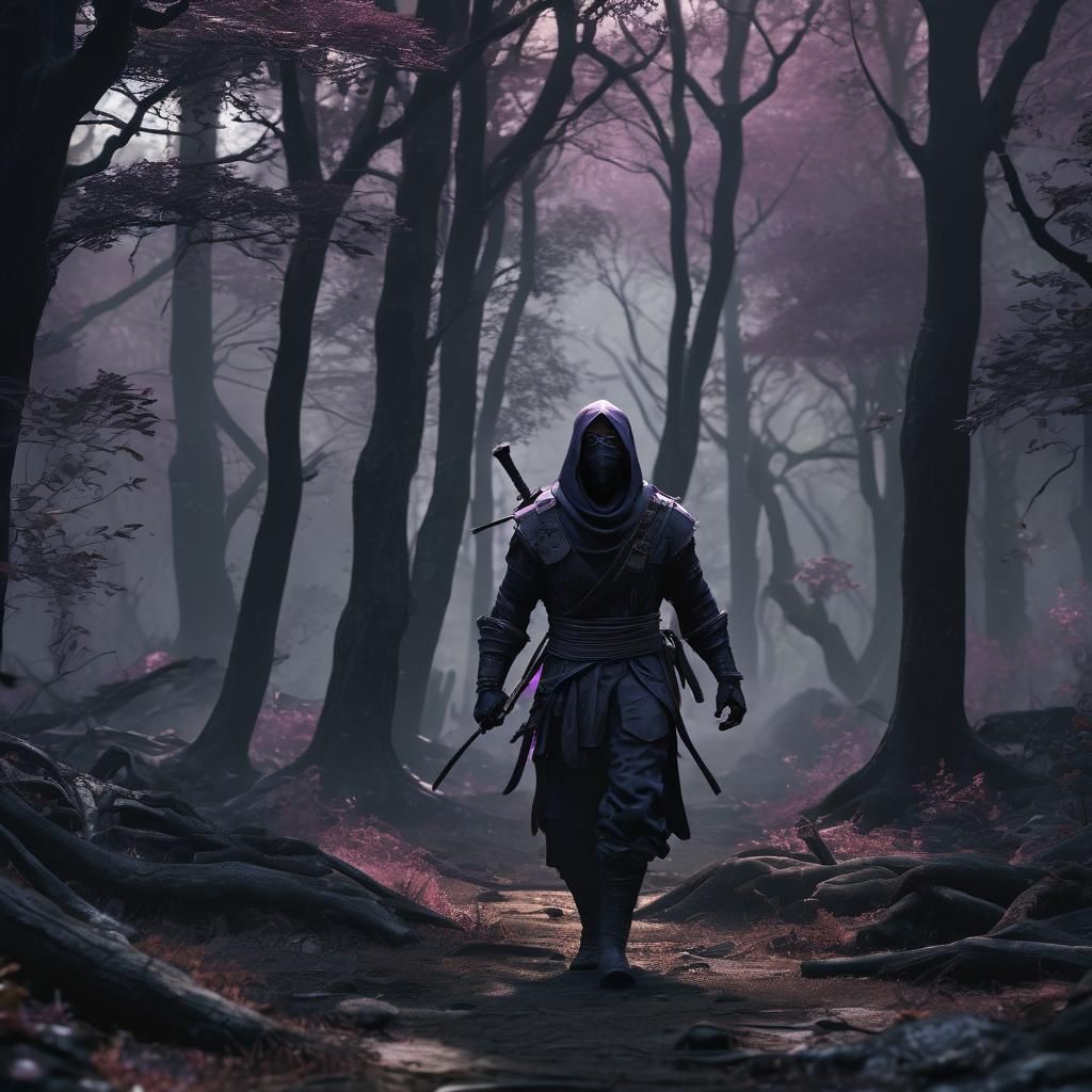 Masked ninja warrior walks through a shadowy forest of scraggly black ...