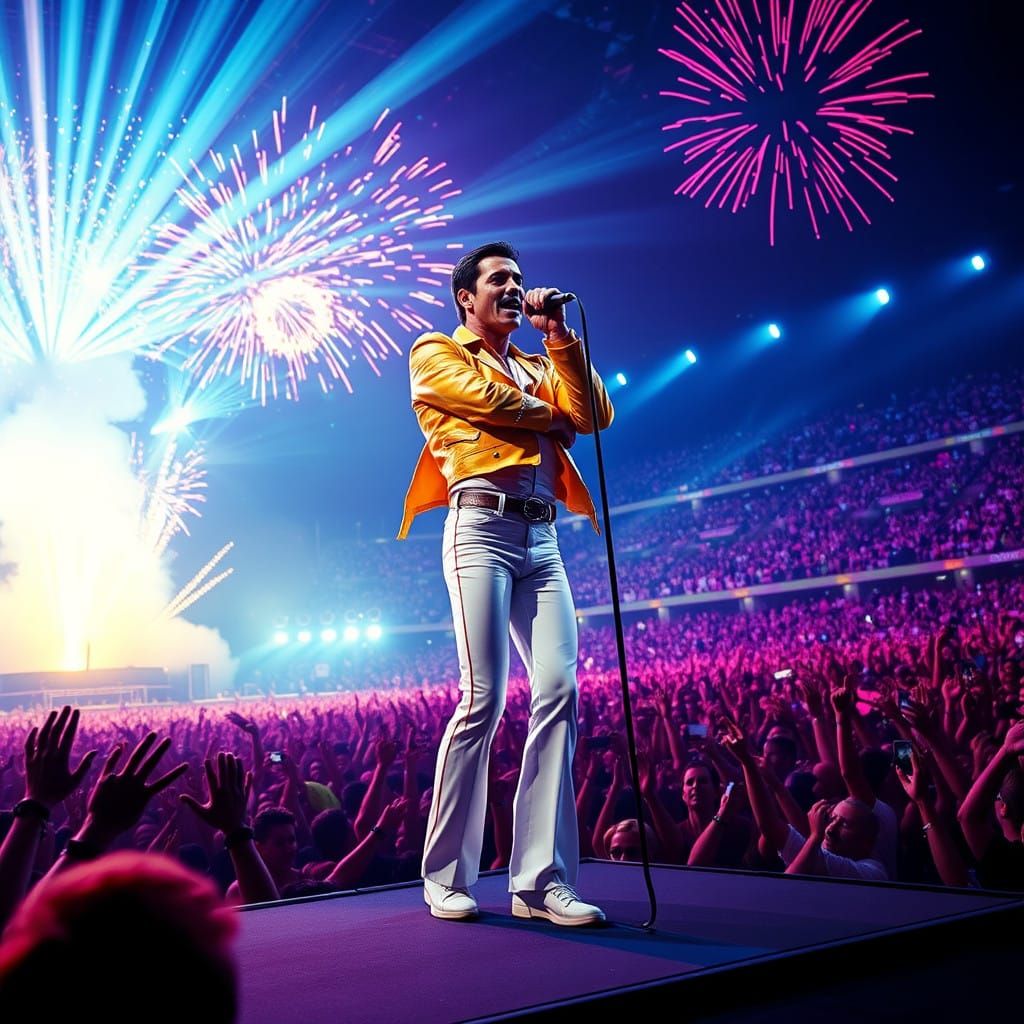 Freddie Mercury Rocks Stadium Stage in Neon-Lit Sp... - AI Art