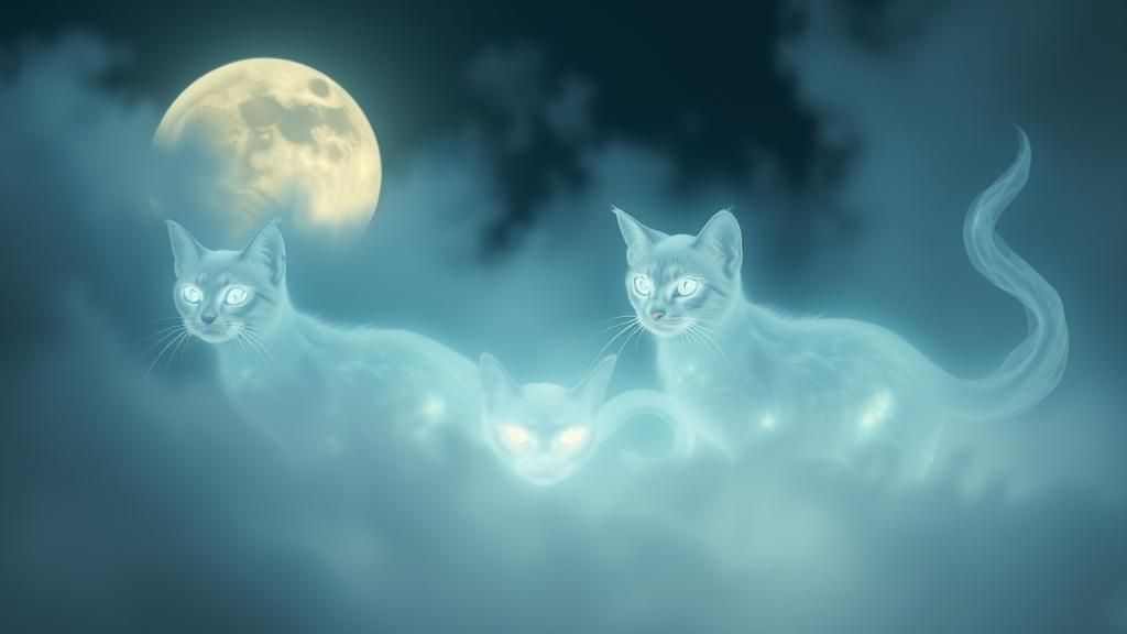 Spirit Cats - Ethereal Ghost Cats Drift Through Moonlit Mist