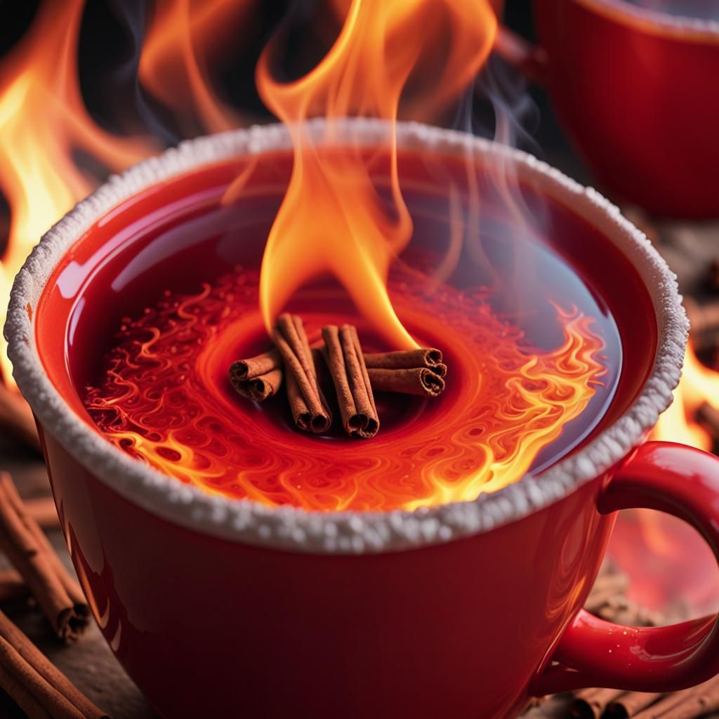 RAW closeup Flaming firewater in a red Christmas Cup with cinnamon ...