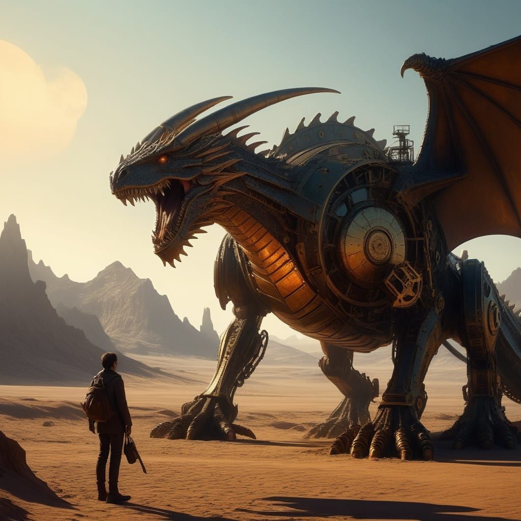 Epic Clockwork Dragon Confronts Explorer in Alien ... - AI Art