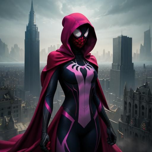 Spider-Gwen, wearing mask, with hood up, depicted as a colossal giant ...