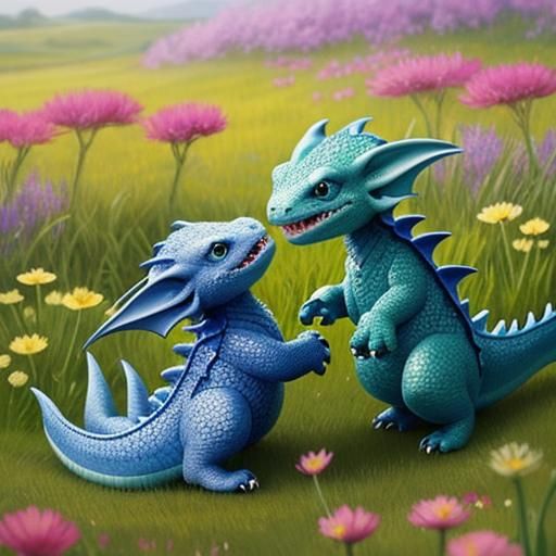 Cute baby dragons playing in a meadow. - AI Generated Artwork - NightCafe Creator