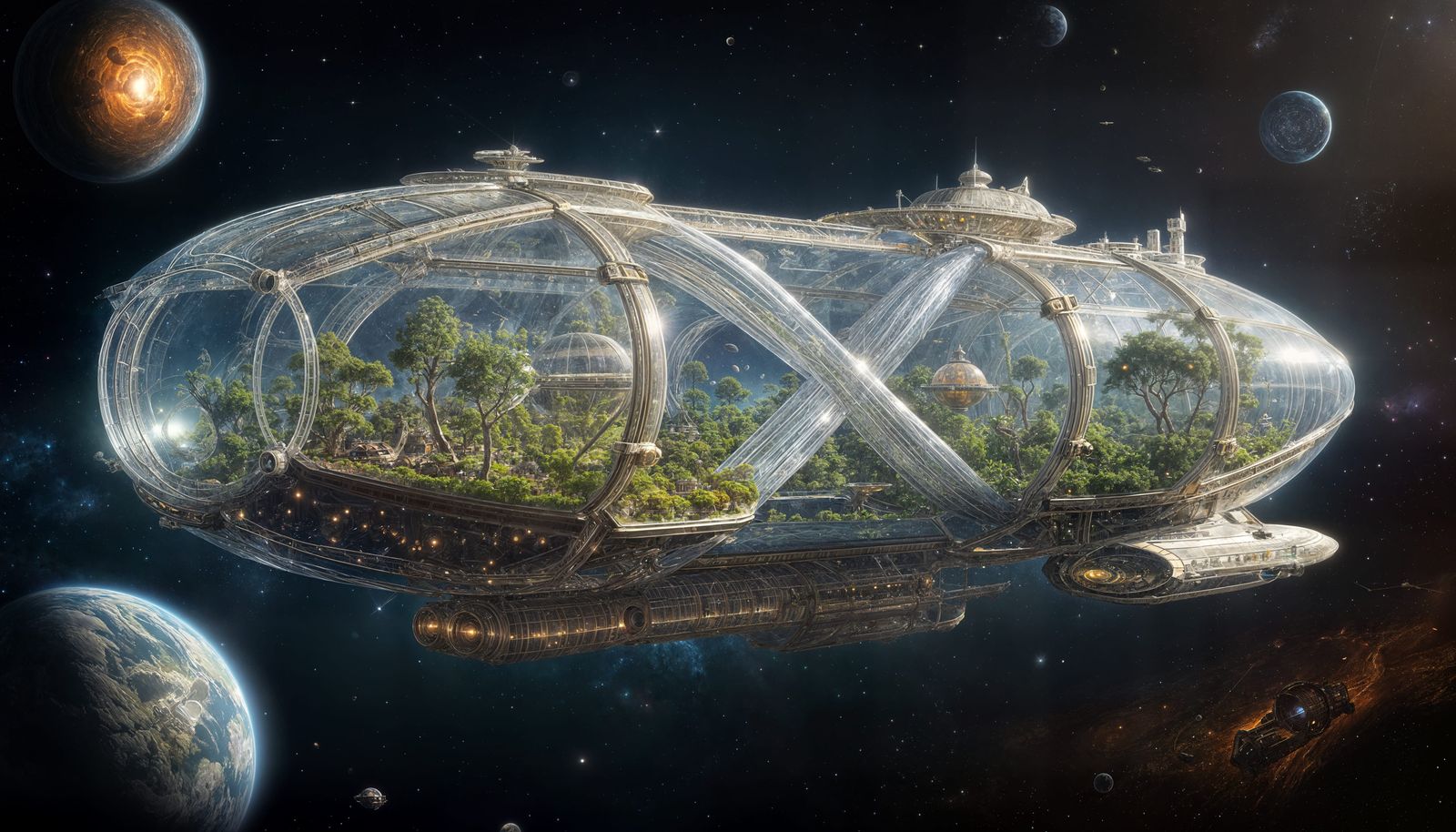 A massive triple-helix transparent solarpunk terrarium ecosystem ...