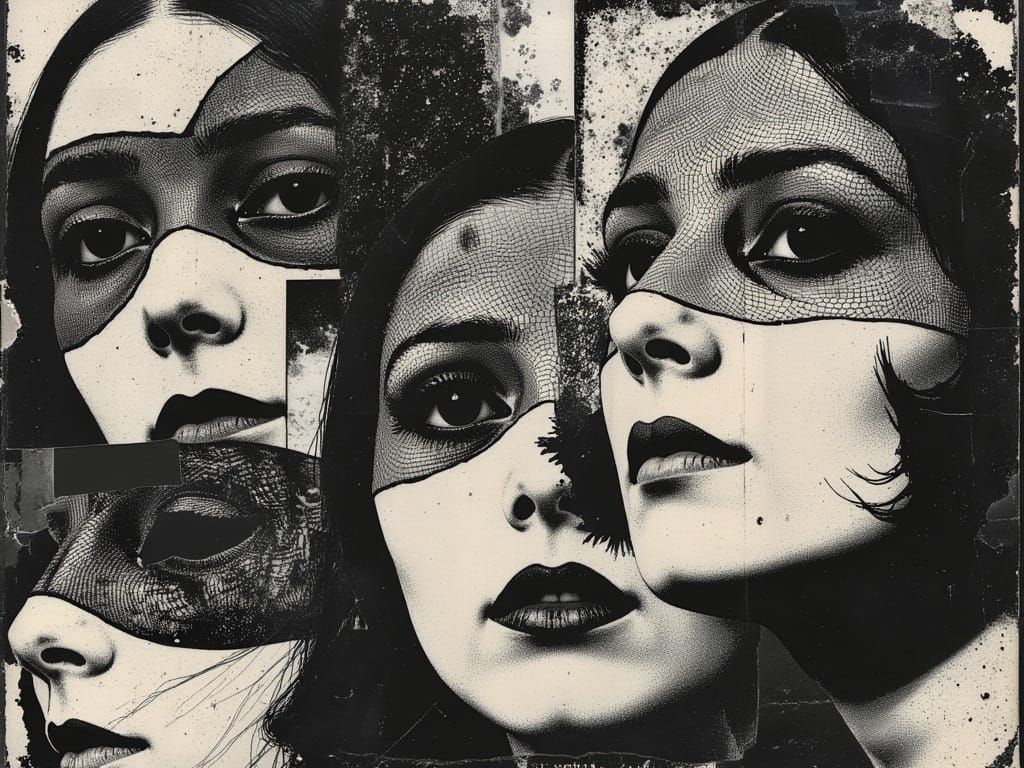 Dramatic Bohemian Masks in Iridescent Collage Styl... - AI Art