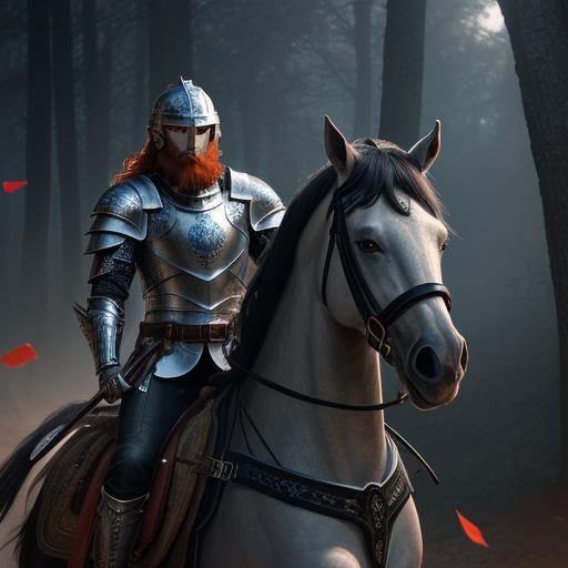 helmeted knight in shiny armor intricately engraved, masculine, red ...