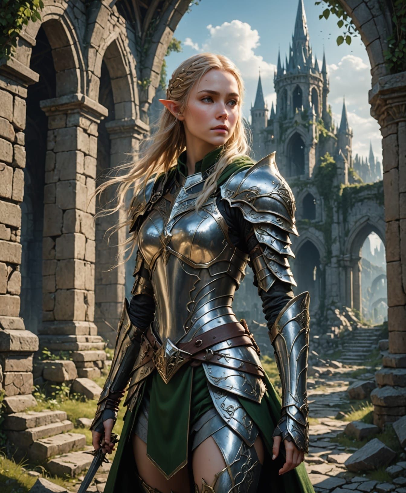 Elven maiden in armor exploring ruins