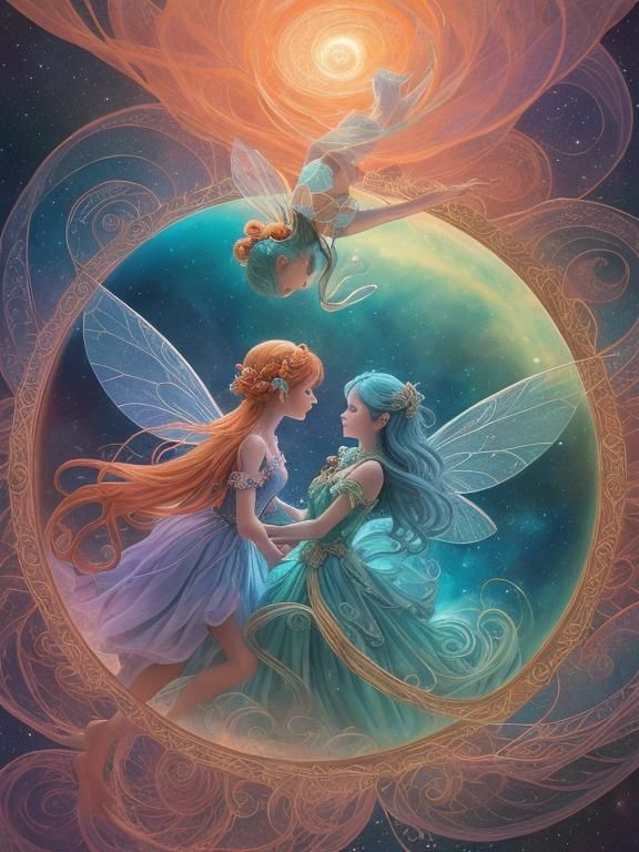 Two fairies are facing each other; they are floating in the air, cosmic ...