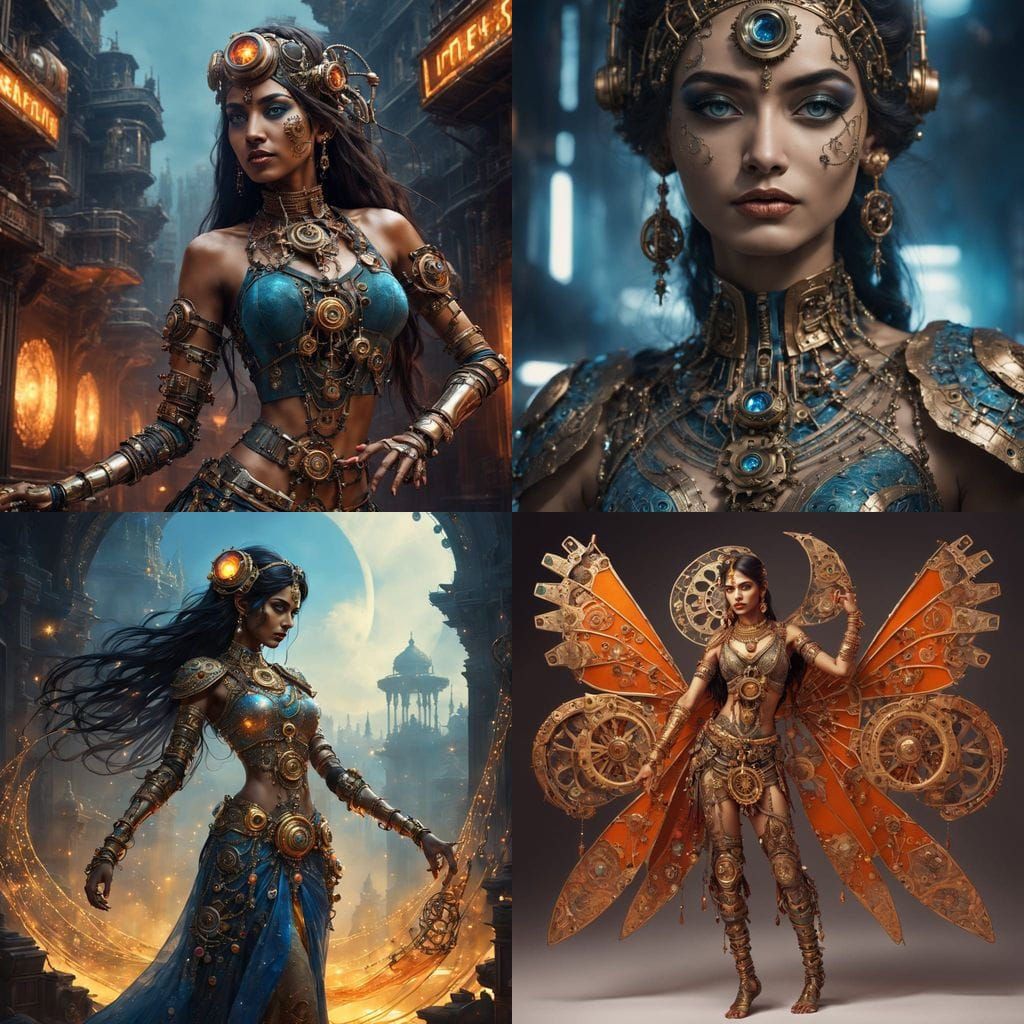 "Beautiful Cyborg Woman, Steampunk Hindu Belly Dancer"