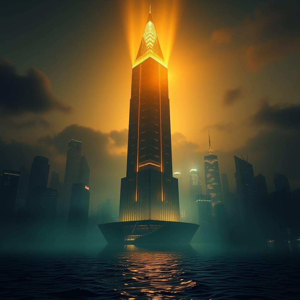 Majestic Diamond-Shaped Skyscraper Illuminated wit... - AI Art