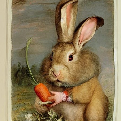 Baroque Ugly Rabbit Defends with Carrot Shield - AI Art