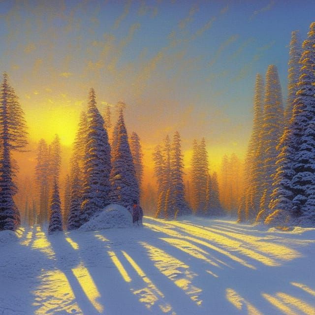 Row of trees on hill winter snow long shadows sunset glow gouache ...