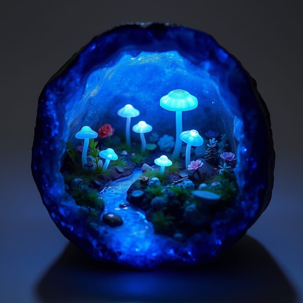 Fairy Garden in Sapphire Geode with Glowing Mushro... - AI Art